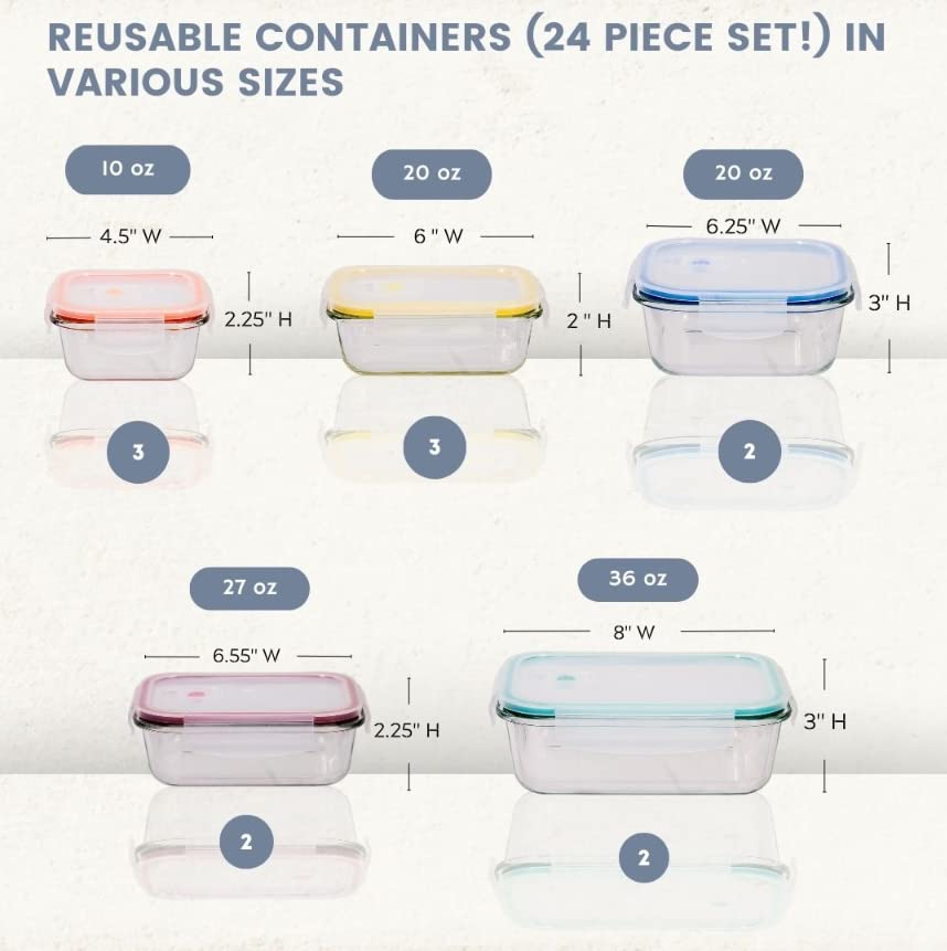 Imperial Home 24 Pc Glass Storage Containers with Lids, Food Storage Container Set, Kitchen Organization, Meal Prep, Airtight Lock Lid, Reusable, Freezer & Microwave Safe, BPA Free