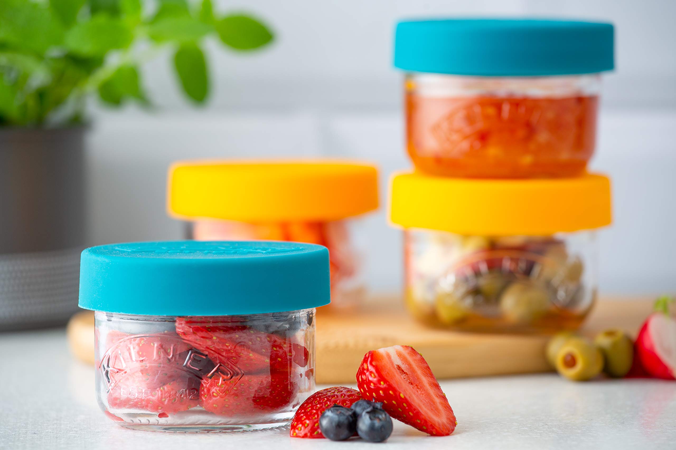 Kilner 0.125L Set of 2 Glass Store Pots 125ml with Push Top Silicone Lids | Perfect for Snacks & Food Storage, Clear, Blue and Yellow