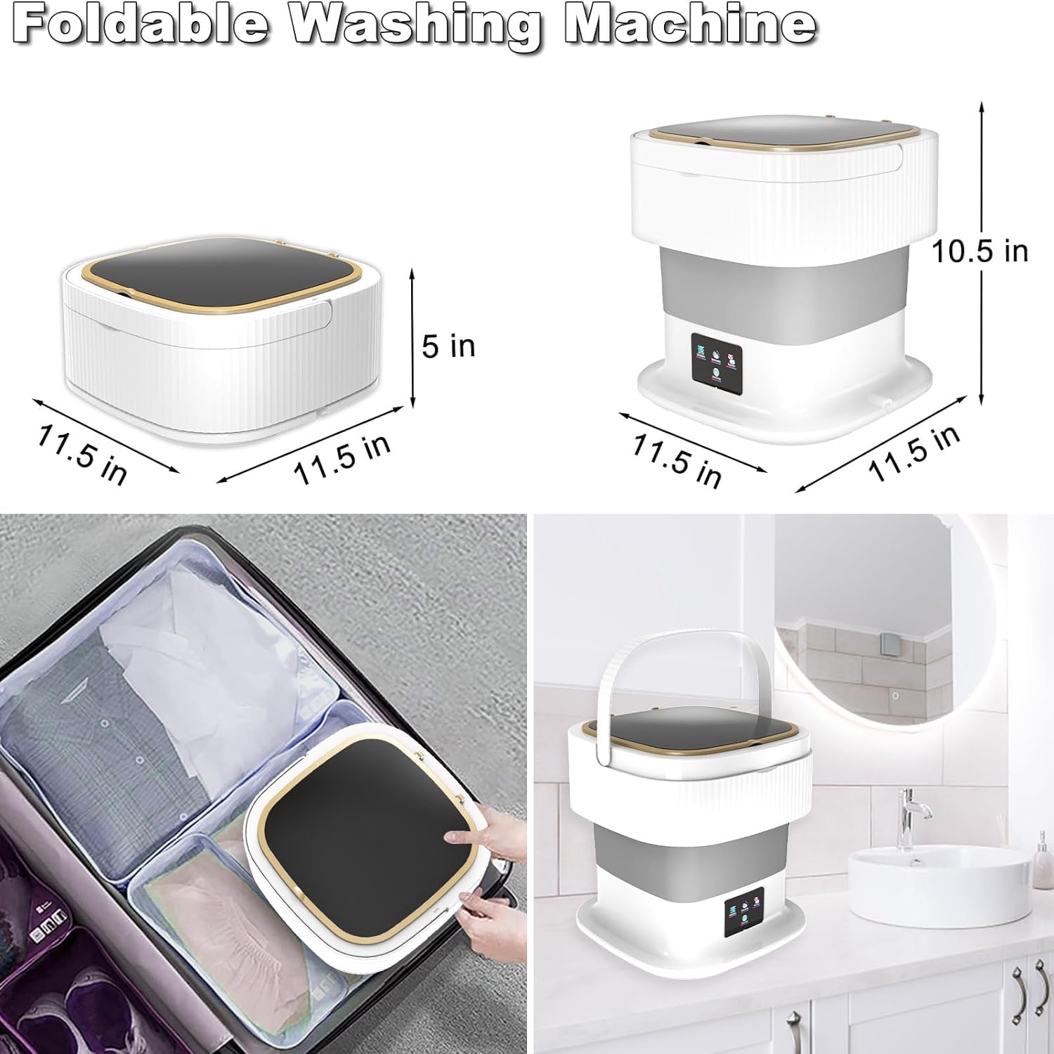 Mini Washing Machine, 10L Portable Washer and Dryer Foldable Washer Machine, Small Washer, Bucket Laundry Machine with Deep Cleaning for Baby Clothe, Underwear, Socks, RV, Grey