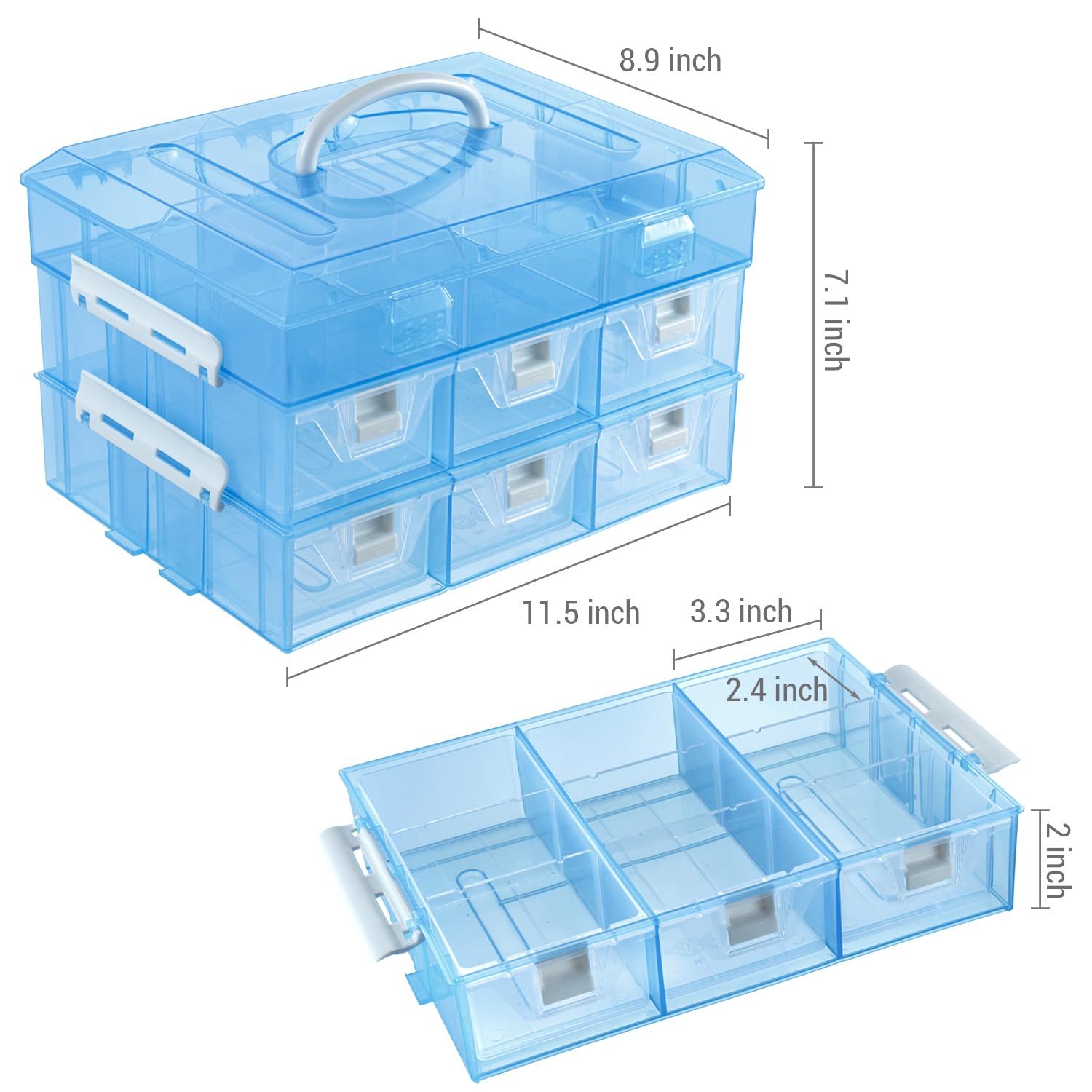 MyGift 11 Inch Sky Blue Transparent Arts and Crafts Sewing Supplies Storage Organizer Case with White Accents, 24 Customizable Compartments, 6 Drawers Removable Dividers