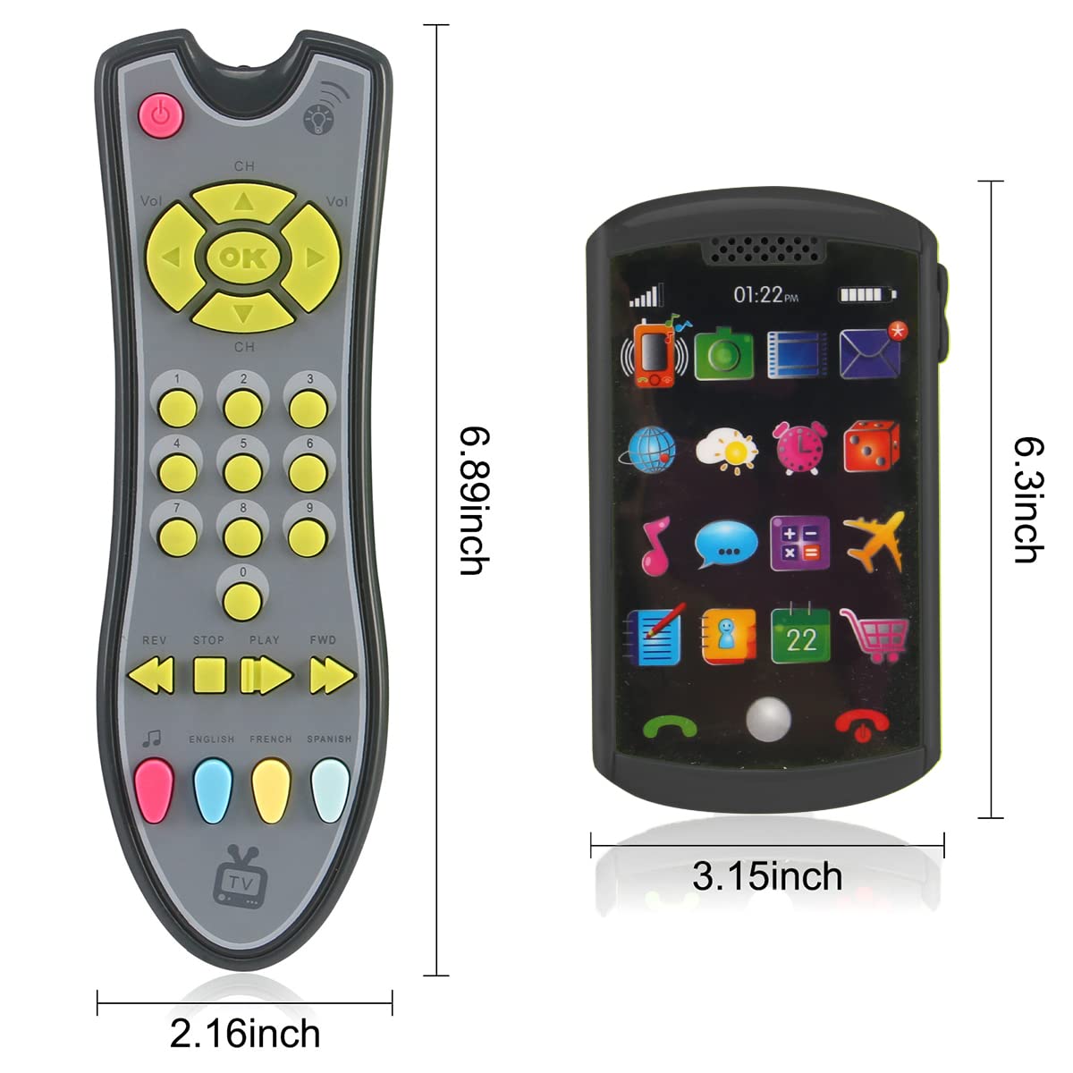 Liberty Imports 2 Pack My First TV Remote Control and Mobile Smartphone Kids Musical Toy Bundle Set - Realistic Music Learning Remote Phone Pretend Playset with Lights and Sounds
