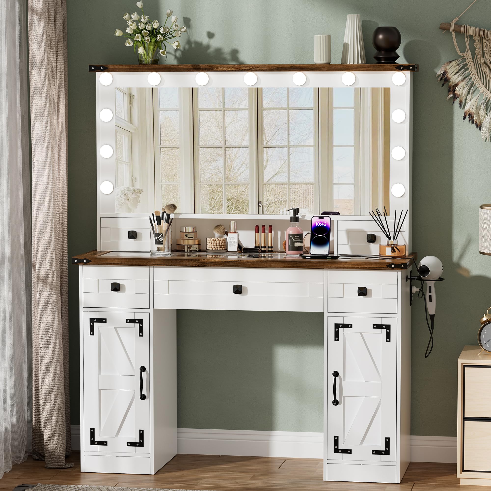 PAKASEPT Makeup Vanity Desk with Mirror and Lights, Glass Tabletop Farmhouse Vanity Table with Drawers, Charging Station, Cabinet for Bedroom,White