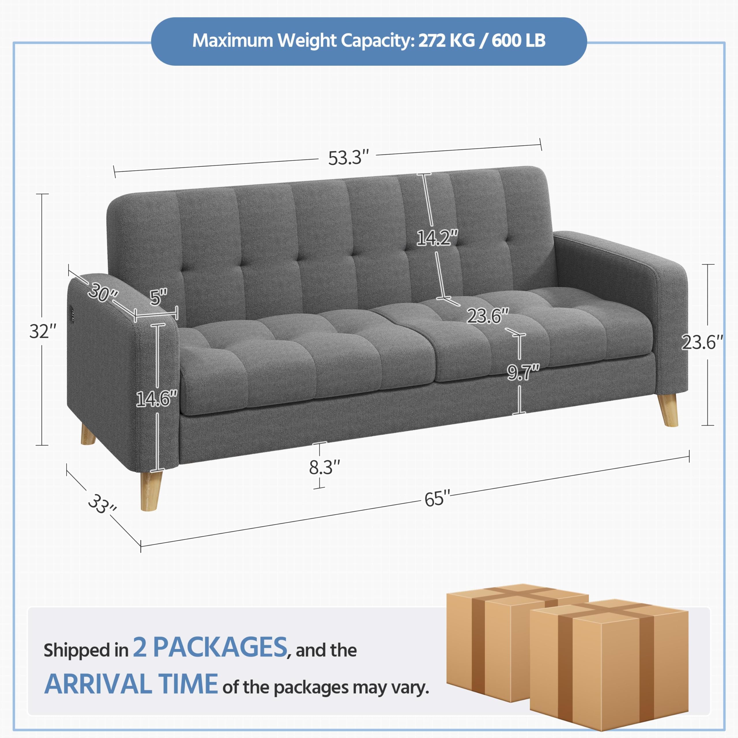 Yaheetech 2-Seater Fabric Sofa Loveseat with USB Ports Mid-Century Modern 65? W Couch Sofa with Solid Wood Legs for Living Room Apartment Bedroom Office Dark Gray