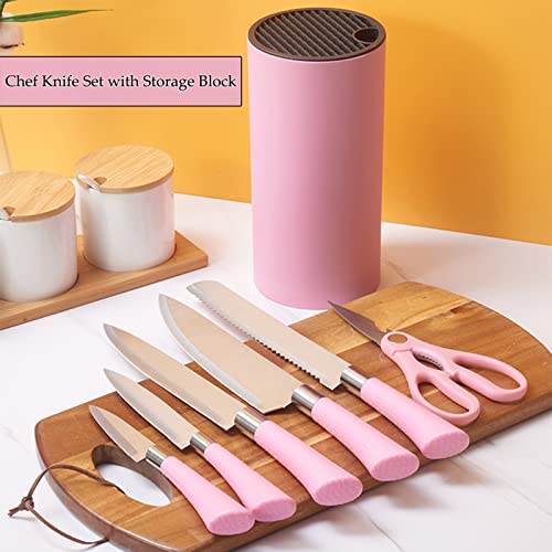 Kitchen Knife Set, Retrosohoo 7-Pieces Pink Non-stick Chef Knife Set with Storage Block, PP Handle Ultra Sharp Stainless Steel Cooking Knives with Gift Box for Girls Women (Pink)