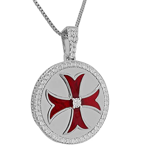 KingCrown Jewelers Real Genuine Diamond 10K Gold Over Knight Templar Masonic Cross Enamel Pendant Charm Chain Set (White Gold Finish)