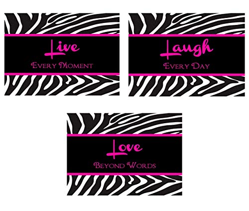 Live Laugh Love Animal Print Zebra Black and Hot Pink Wall Art Set of 3 5x7 or 8x10 Prints ((unframed))