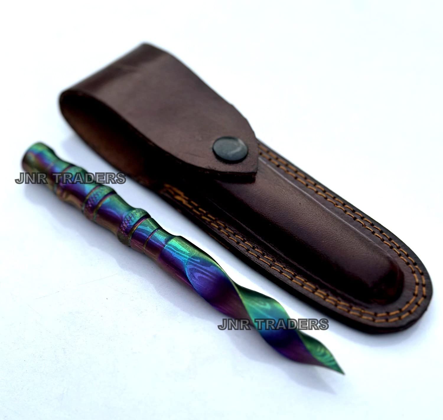 JNR Traders Handmade Full Tang Tri Edge Knife Damascus Steel Cyclone Knife 6 Inch Twist Blade Spiraling Knife with Leather Sheath 3743