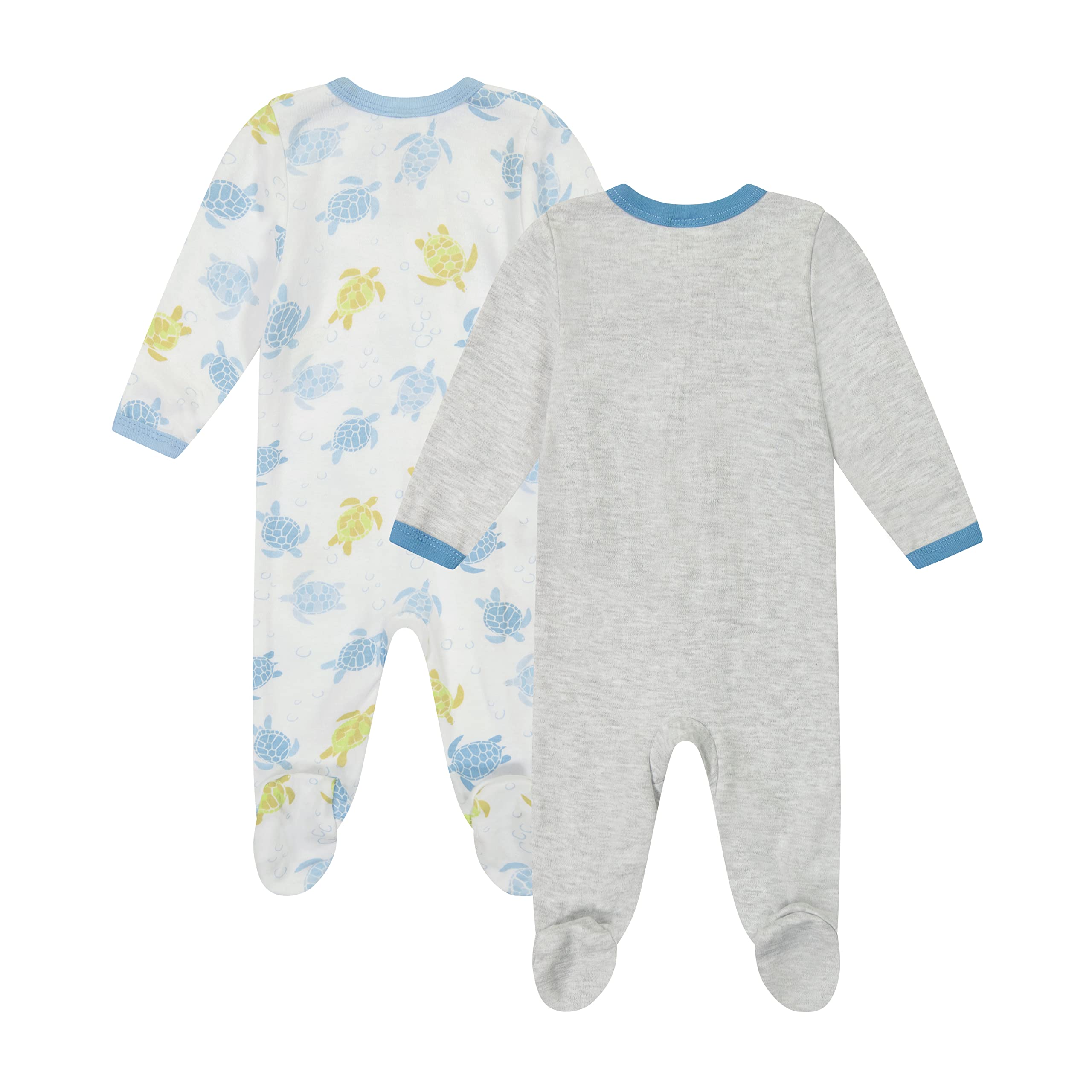 Laura Ashley 2-Pack Unisex Footie Pajamas Baby Zipper, Footed Infant Clothing, Sea Turtle Grey PJs/3M