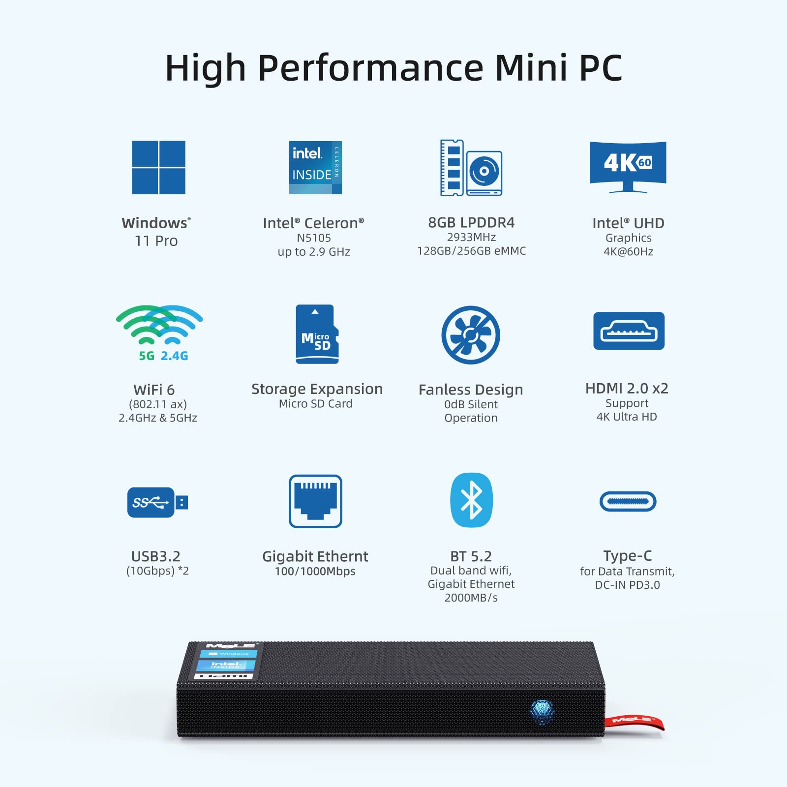 MeLE N5105 Fanless Mini PC Stick PCG02 Pro, 8GB 128GB Mini Computer Stick Windows 11 Pro, Dual HDMI 4K, Wi-Fi 6, Gigabit Ethernet, BT 5.2, USB 3.2 * 2, USB-C Micro PC with VESA Mount