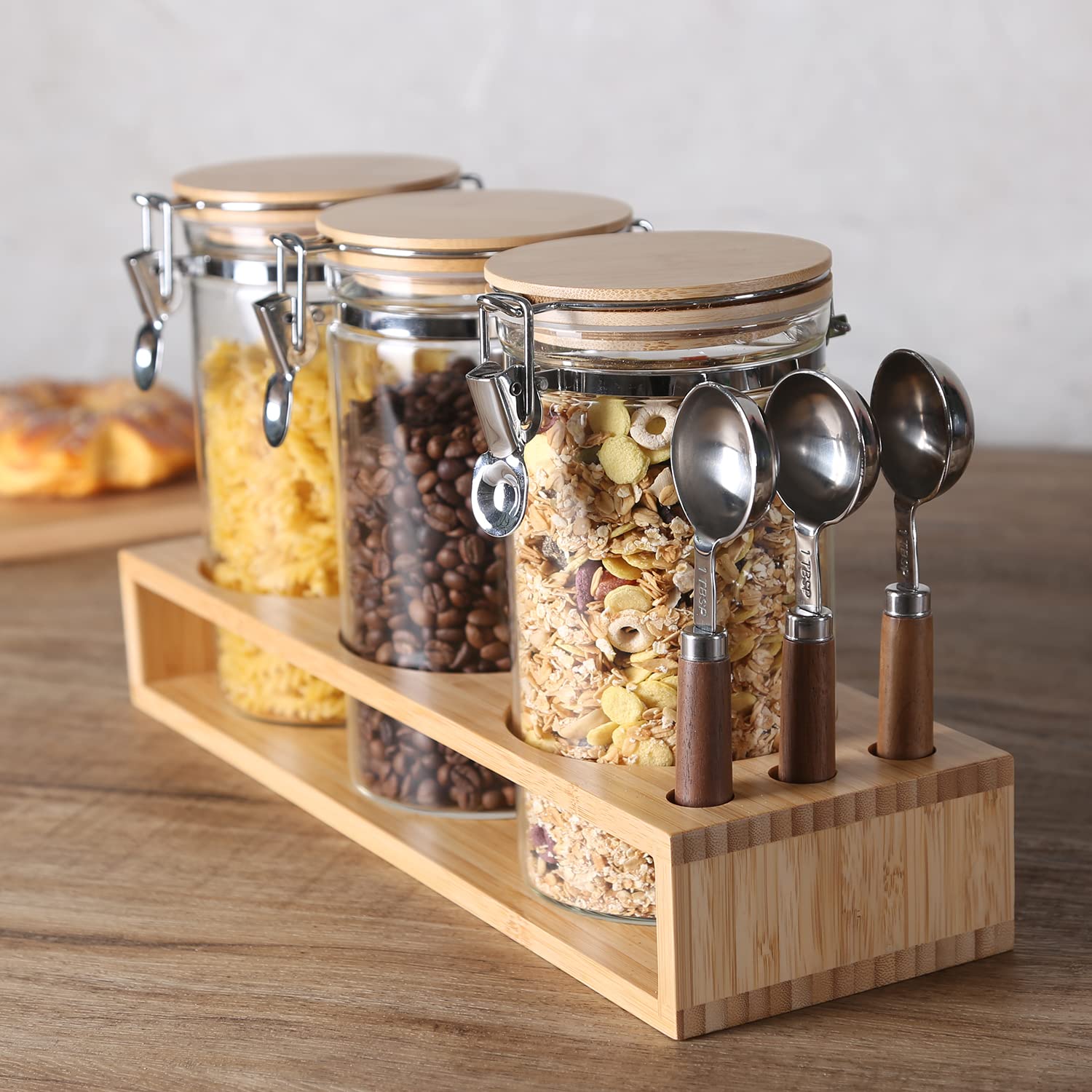 KKC HOME ACCENTS Airtight Glass Coffee Bean Storage Jars with Scoops for Coffee Bar,Sealed Glass Canisters with Hinghed Lids for Ground Coffee,Loose Leaf Tea, Matcha,Sugar,40 Fluid-oz