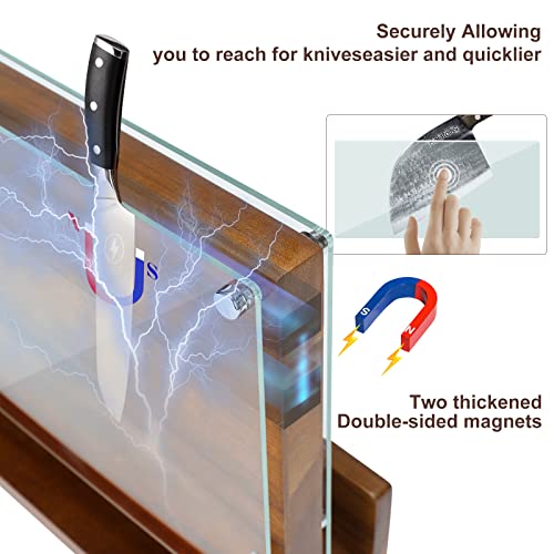 Kitchen Magnetic Knife Block with Acrylic Shield Acacia Wood Double Side Knife Holder Rack Stands with Strong Enhanced Magnets Multifunctional Storage Knife Stand for Kitchen Cutlery Display Organizer