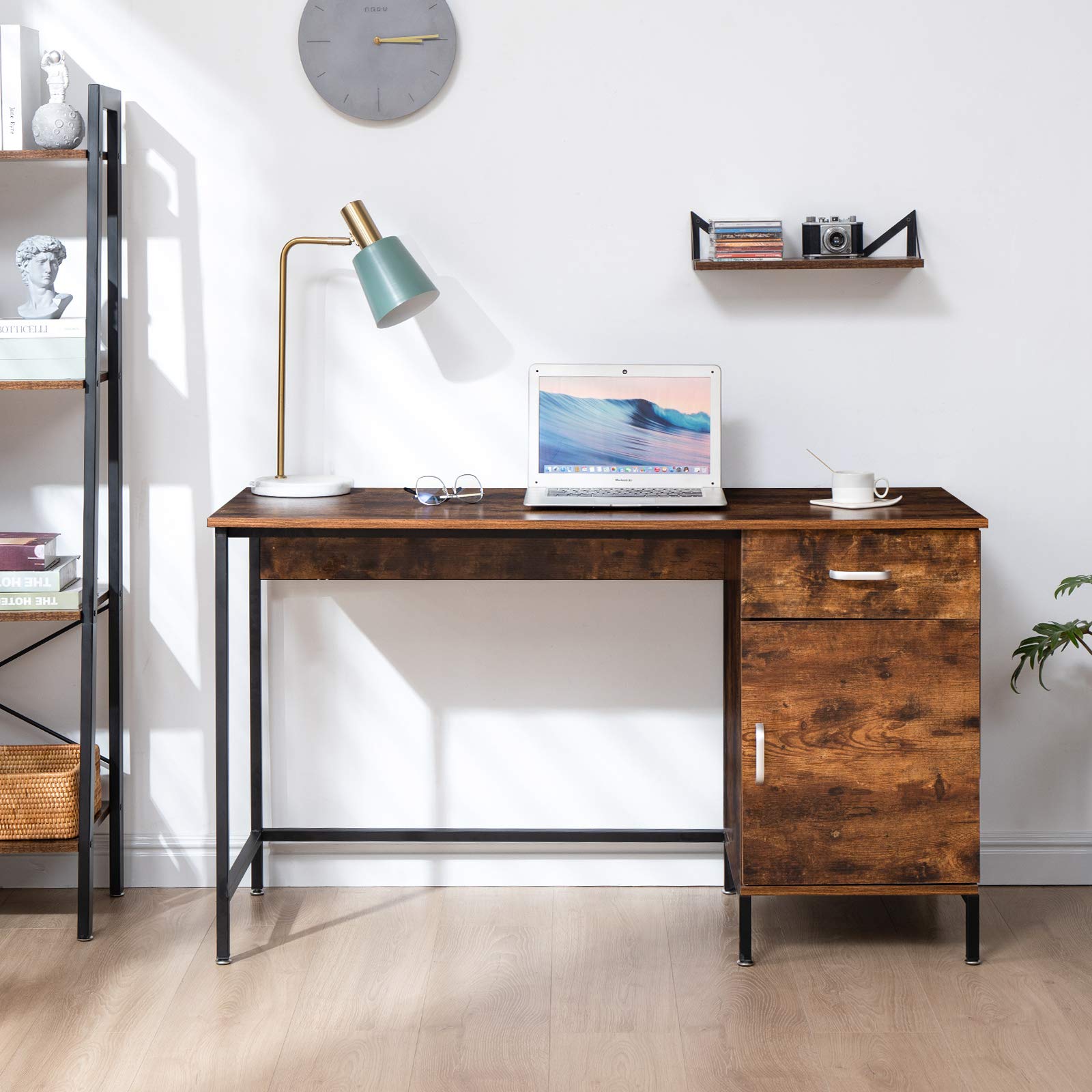 IBUYKE Industrial Computer Desk with Storage Cabinet, Modern Office Desk with Drawer, Space-Saving Corner Table Stand, Study Workstation for Home Office, Easy to Assemble, Rustic Brown UTMJ055H