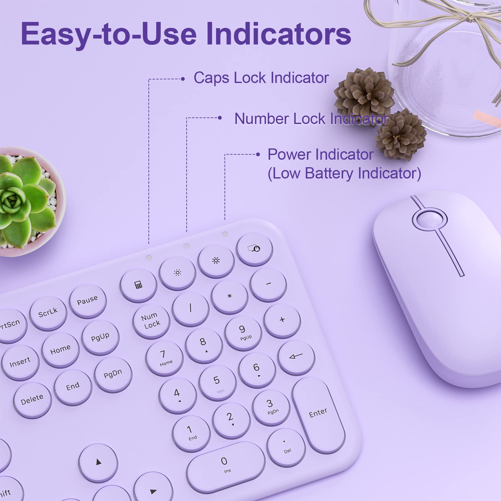 Mobifice Cute Keyboard and Mouse Wireless for PC Computer/Laptop/Windows/Mac/Tablets, Ultra-Thin 2.4GHz USB Cordless Full-Sized Silent Retro Computer Keyboard Mouse Combo (Purple)