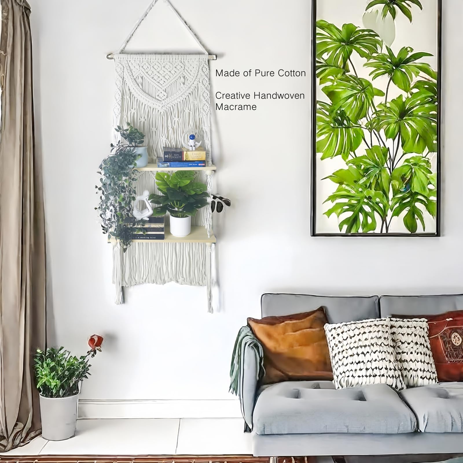 MELLAQUEST Macrame Wall Hanging Shelf - 2 Tier Boho Shelves with Woven Rope Handmade Floating Plant Shelf, Bohemian Home Decor,Shelf Organizer for Kitchen, Living Room,Bedroom,Bathroom(17.7" x 42.5")