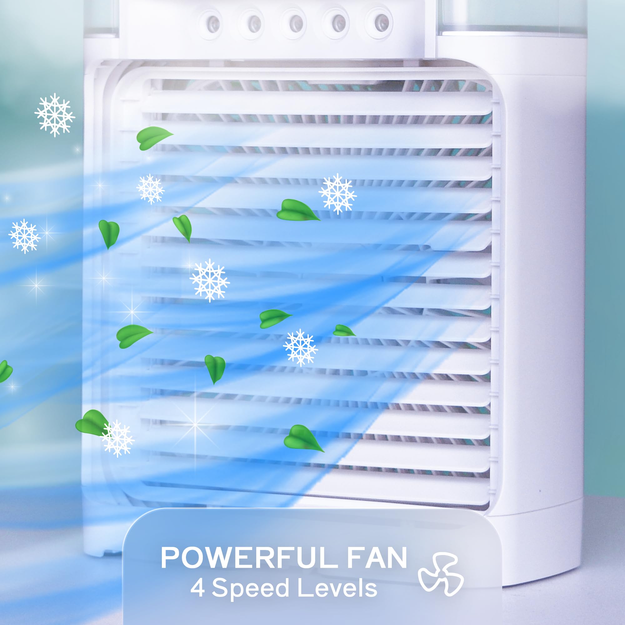 Portable Air Conditioner with Cooling Mist and Remote, Quiet comfort with 4 Speeds, XL 1200ml tank, Personal AC Fan with 5 Mists, 7 Night Lights, 2, 4, 6, 8H Timer, for Home, Office, White
