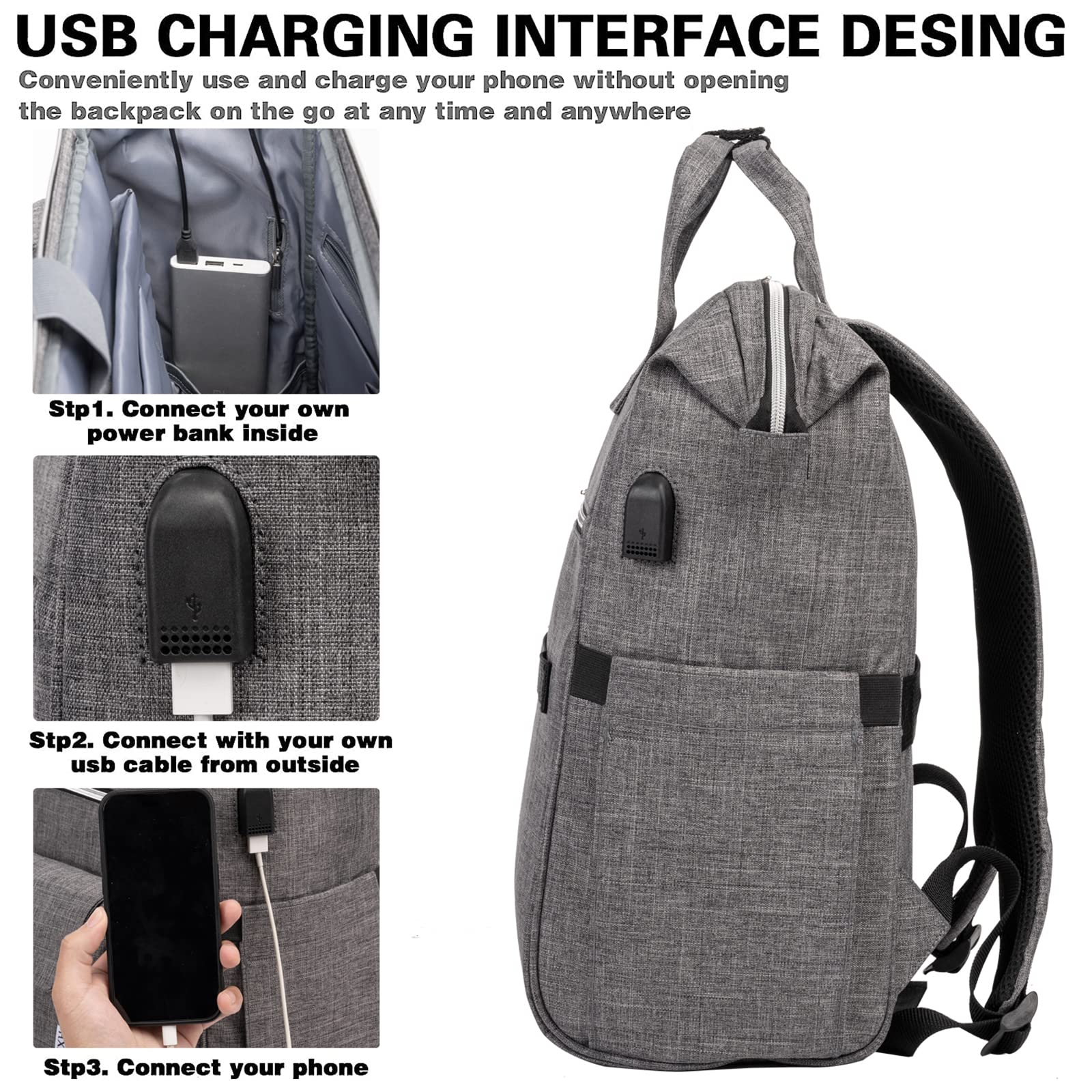 HXLGMD 15.6 Inch Laptop Backpack for Women Men 2 PCS Set Convertible Travel Work Backpack Professional Teacher Nurse Bag Daypack Purse with USB Port for Business College -Grey