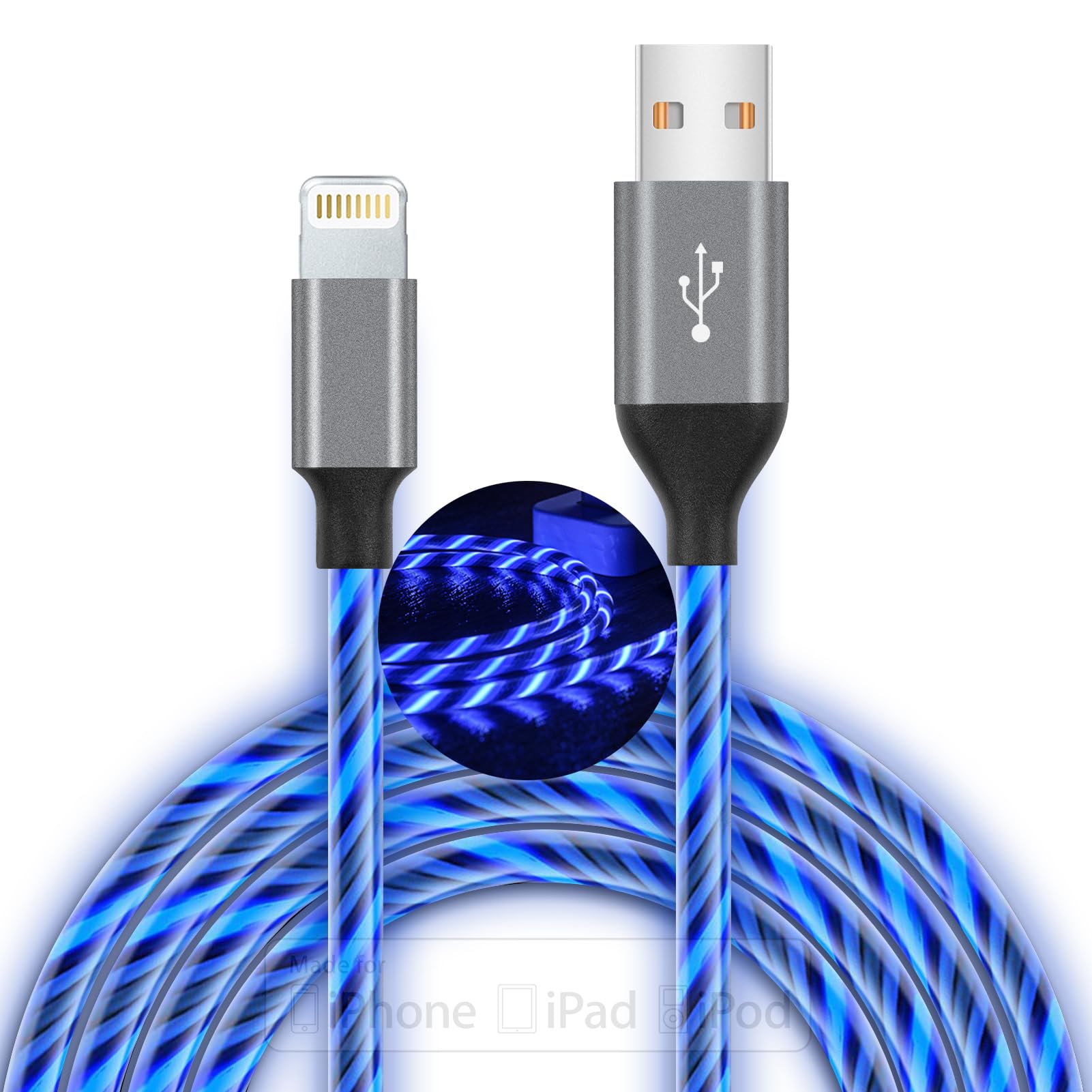 LED iPhone Charger Cord Light Up Lightning Cable | MFi Certified Apple Charger | Cool USB Fast Charging for iPhone 14 13 12 11 Pro Max XR X SE 8 Plus, iPad iPod and More (RGB, 3ft)