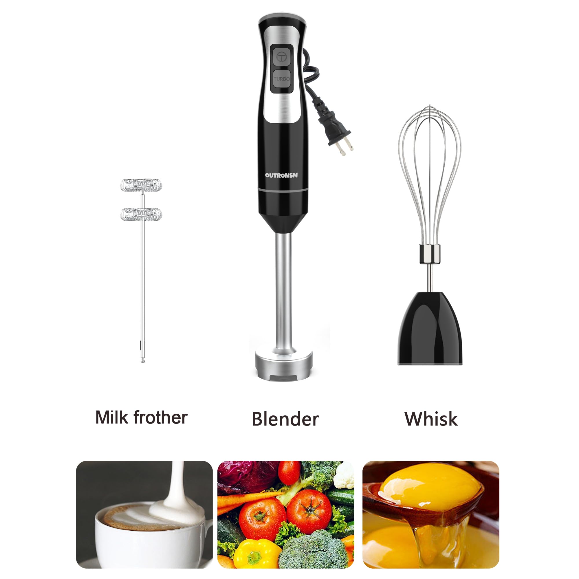 Immersion Blender Handheld, OUTRONSM Hand Blender with 4-point thickened SS blades, Milk Frother, Egg Whisk for Coffee Milk Foam, Puree Baby Food, Smoothies, Sauces and Soups โ Black