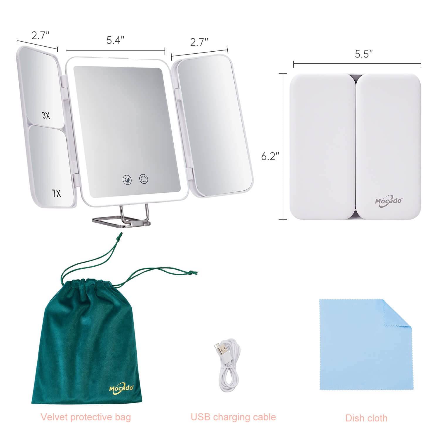 Lighted Travel Makeup Vanity Mirror - 5x6 Inches Tri-fold Mirrors with 3X/7X Magnification,3 Color Light, LED Lights and Touch Control,Adjustable Stand for Tabletop,Office,Travel,Gift (White)