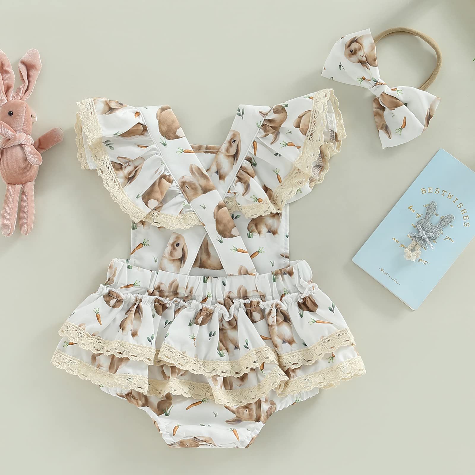 Newborn Baby Girls Easter Outfit Infant Bunny Romper Tutu Dress Rabbit Jumpsuit with Headband Clothes (White, 6-12 Months)