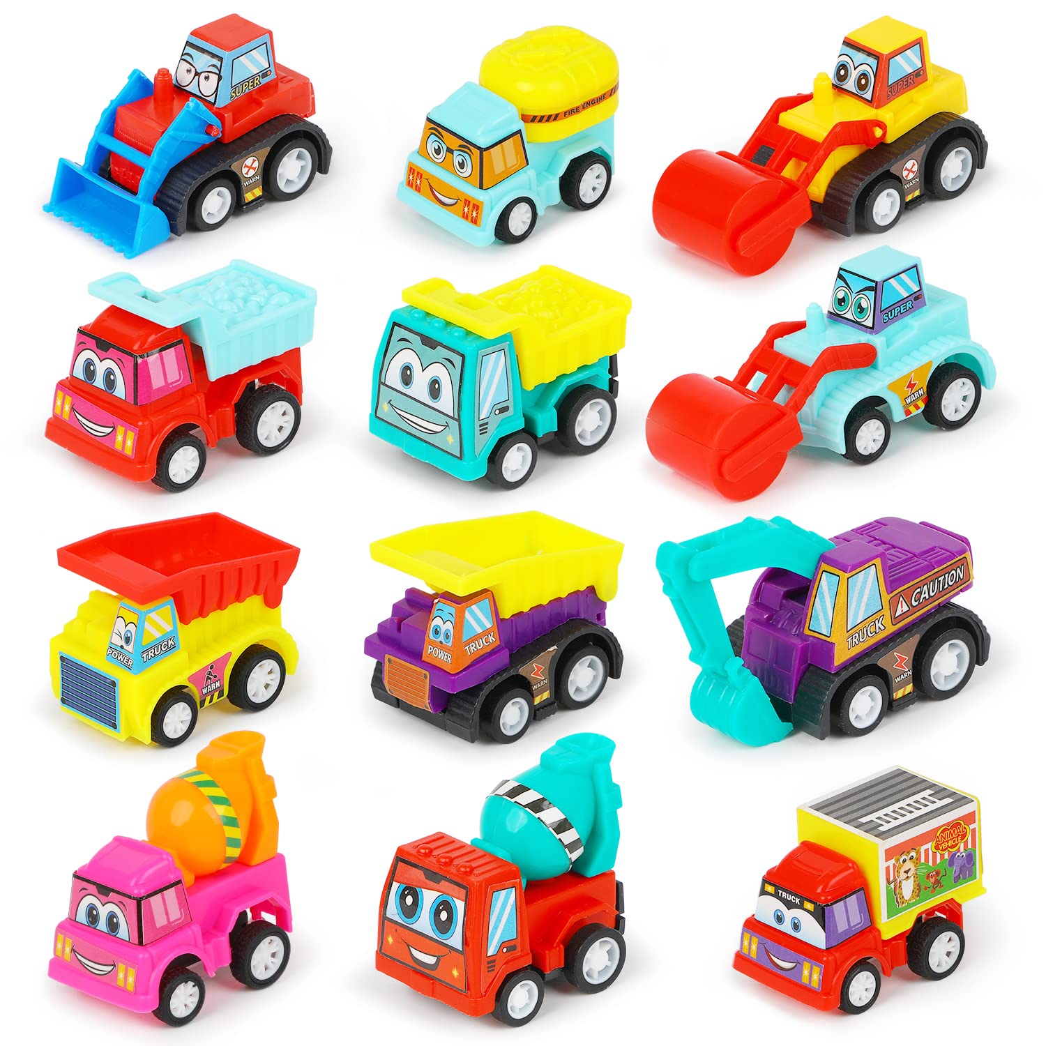 LOKIPA 12PCS Easter Eggs Filled with Pull-Back Car Toys, Plastic Easter Eggs Engineering Vehicles Toys for Easter Egg Hunt, Basket Stuffers Filler and Kids Birthday Party Favors