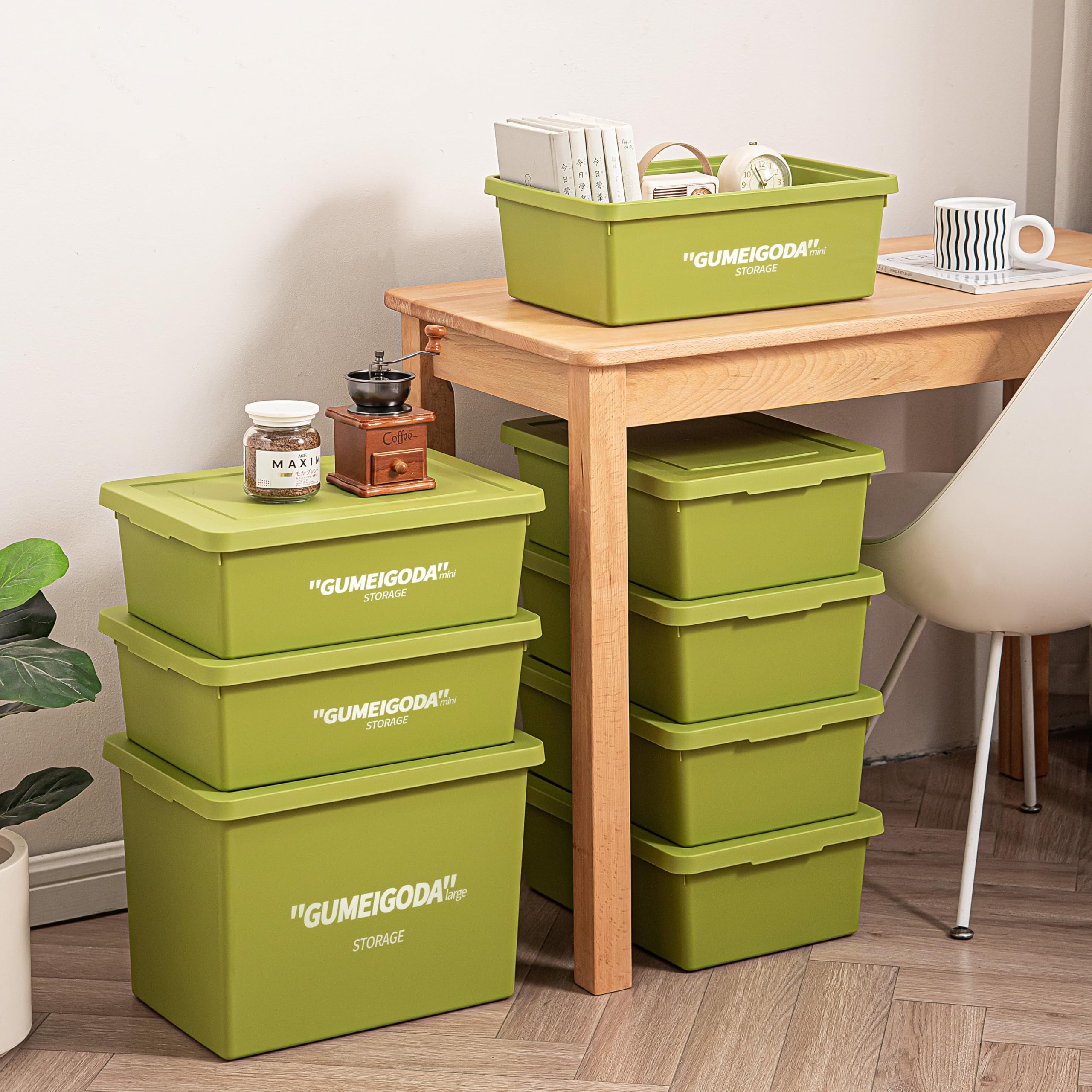 Storage Bins With Lids Set of 4, Green Stackable Boxes,Lid Buckles Bins,Garage container,Shelves, Office,Bedroom,Outdoors Plastic Storage Box for Organizing clothes,books,snacks,sundries(Green,4M)