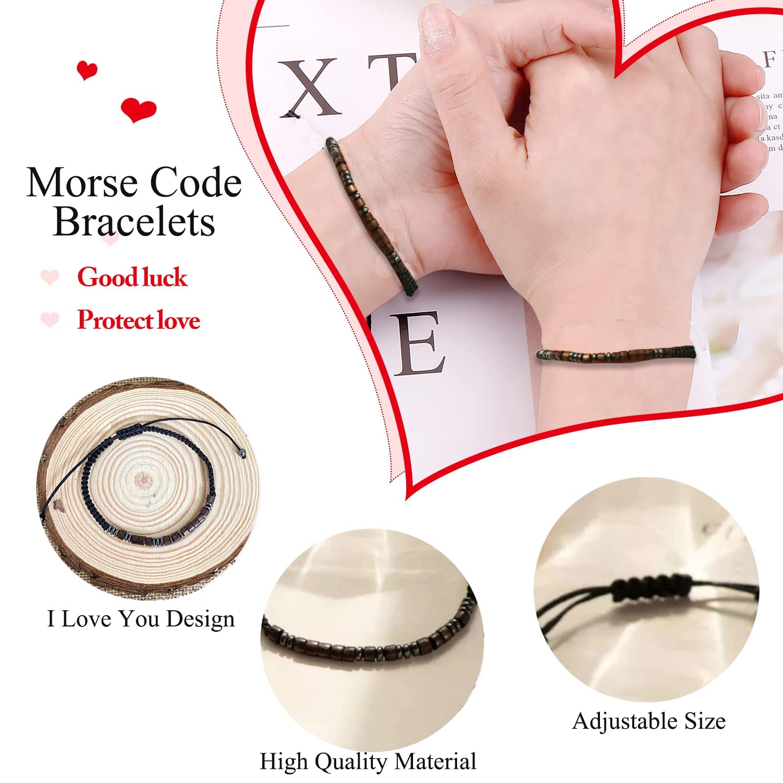 JOGHPOLLP Couples Bracelets Morse Code Bracelets for Women Men, Inspirational Valentines Day Gift for Couple Boyfriend Girlfriend Him Her Adjustable Bracelets with Black Hematite Beads