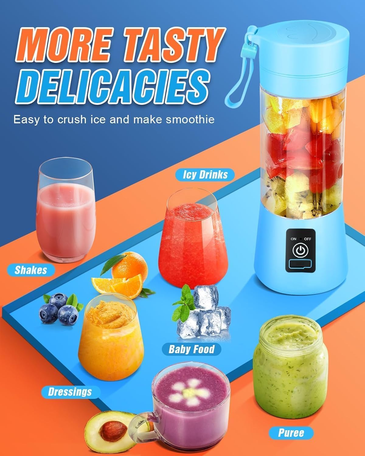 Portable Blender for Shakes and Smoothies, 6 Blades Juicer Cup for USB Rechargeable, Personal Blender with One Touche Operation, Blender Shake Smoothie for Kitchen, Travel and Sport