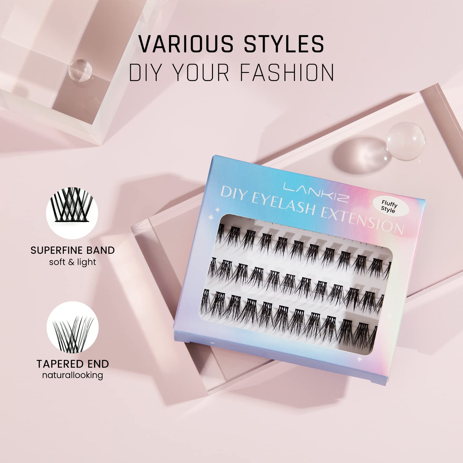 LANKIZ DIY Eyelash Extension, 48pcs Fluffy Individual Lash Extensions, Soft & Lightweight 10-16mm Mix Reusable Wide Band Cluster Lashes for Home use