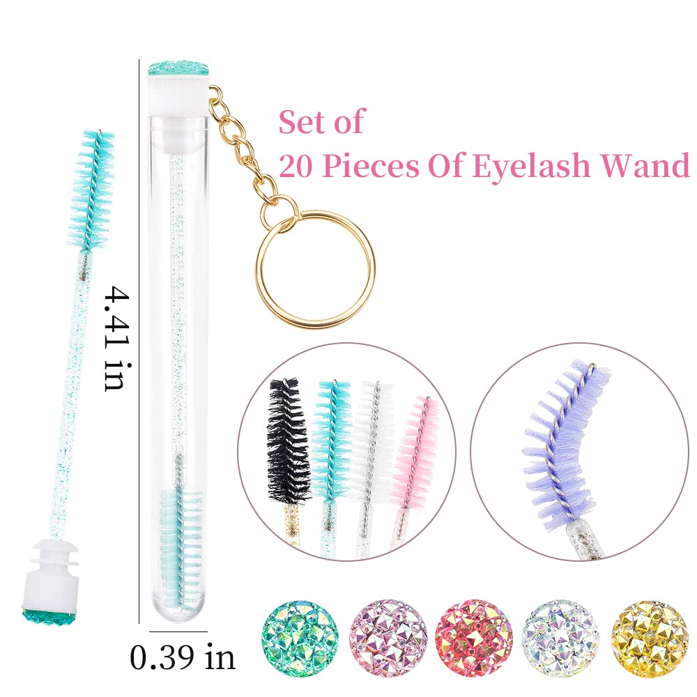 Mekupeu 20 Pcs Mascara Wand Tube Set Diamond Key Chain Tube Empty Mascara Brushes Eyelash Spoolies Brush Makeup Tool Applicator (Mixed 5 color)