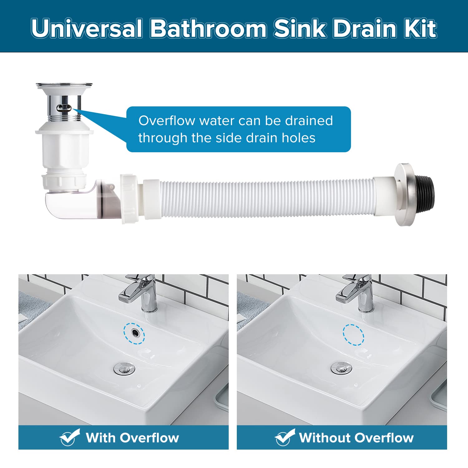 JEAPHA 2 in 1 Bathroom Sink Drain Kit with Flexible & Expandable P-trap pipe for bathroom sinks, Pop Up Drain for 1-1/2'' Drain Hole Extension Hose Tail Pipe, Fits Overflow or No Overflow Vessel Sink