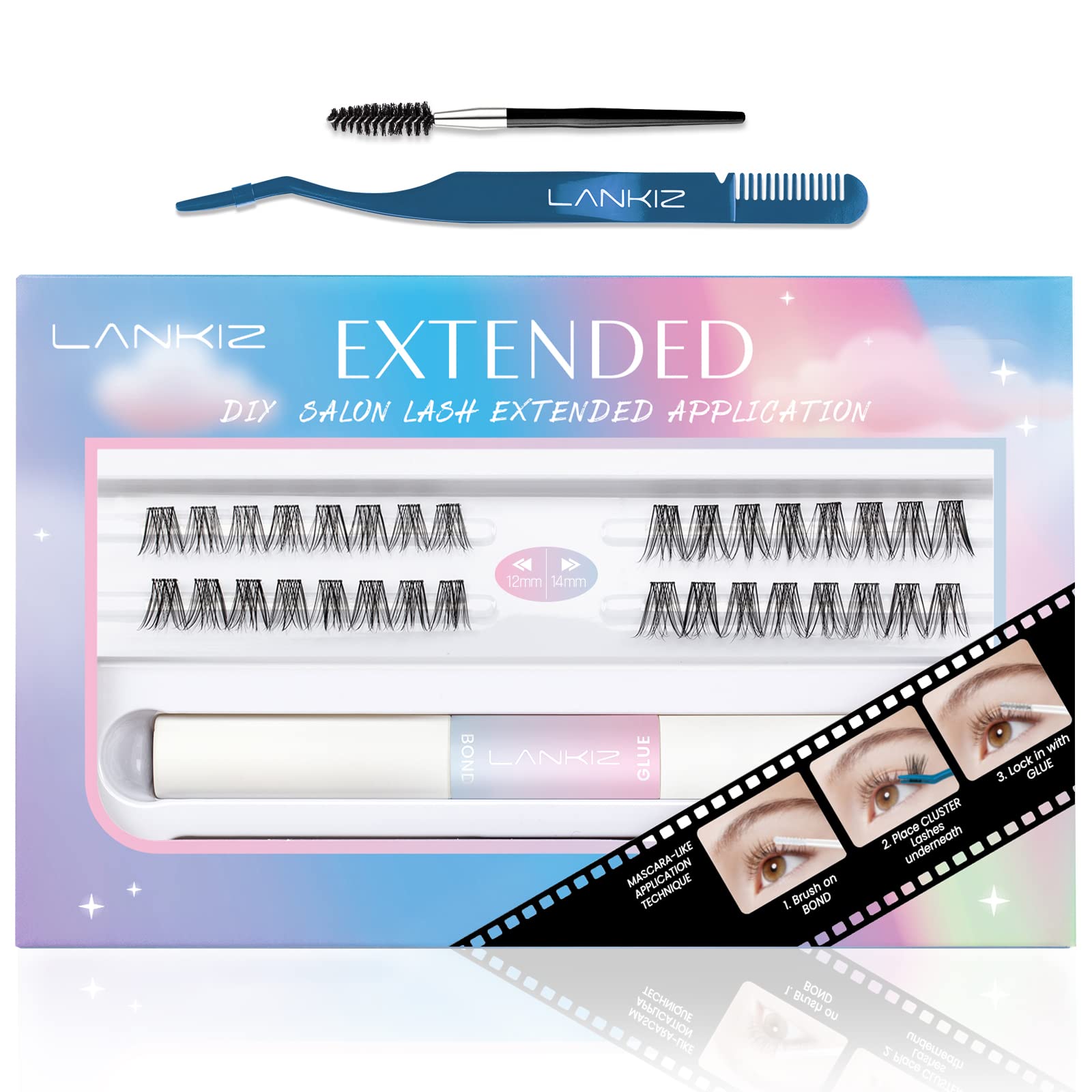 LANKIZ-DIY-Lash-Extension-Kit, with Super Hold Mascara Brush Bond & Seal Glue, Faux Mink Wide-Stem Cluster Lashes Starter Kit at Home, DIY Individual Eyelash Extensions