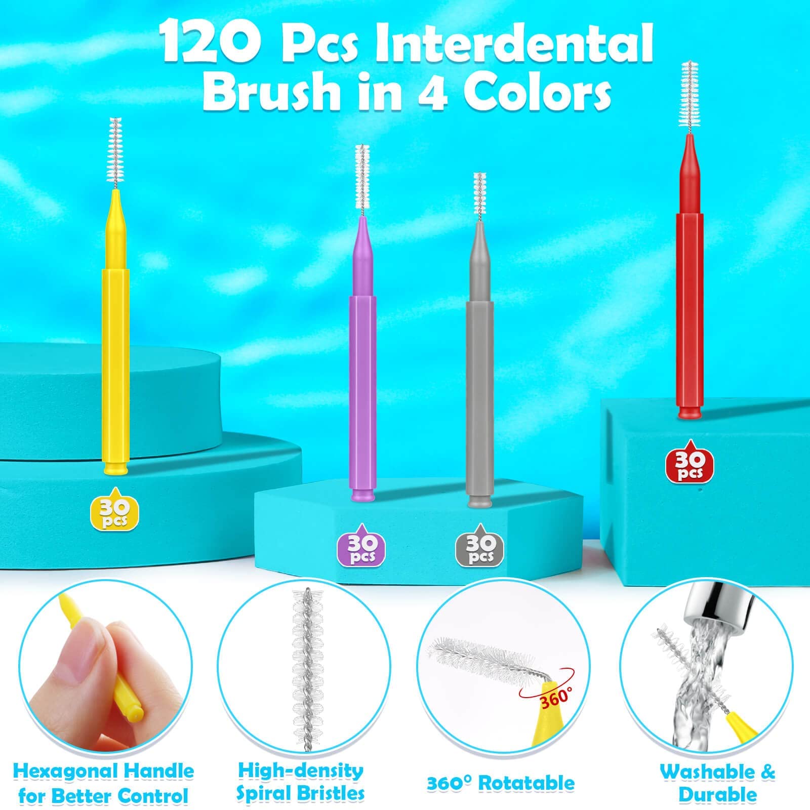 Modacraft 120Pcs Interdental Brush 4 Sizes Braces Brush Toothpicks with Soft Bristles 360° Bendable Floss Heads Dental Brushes Between Teeth Gum Braces Cleaning Kit Oral Tooth Cleaning Tool