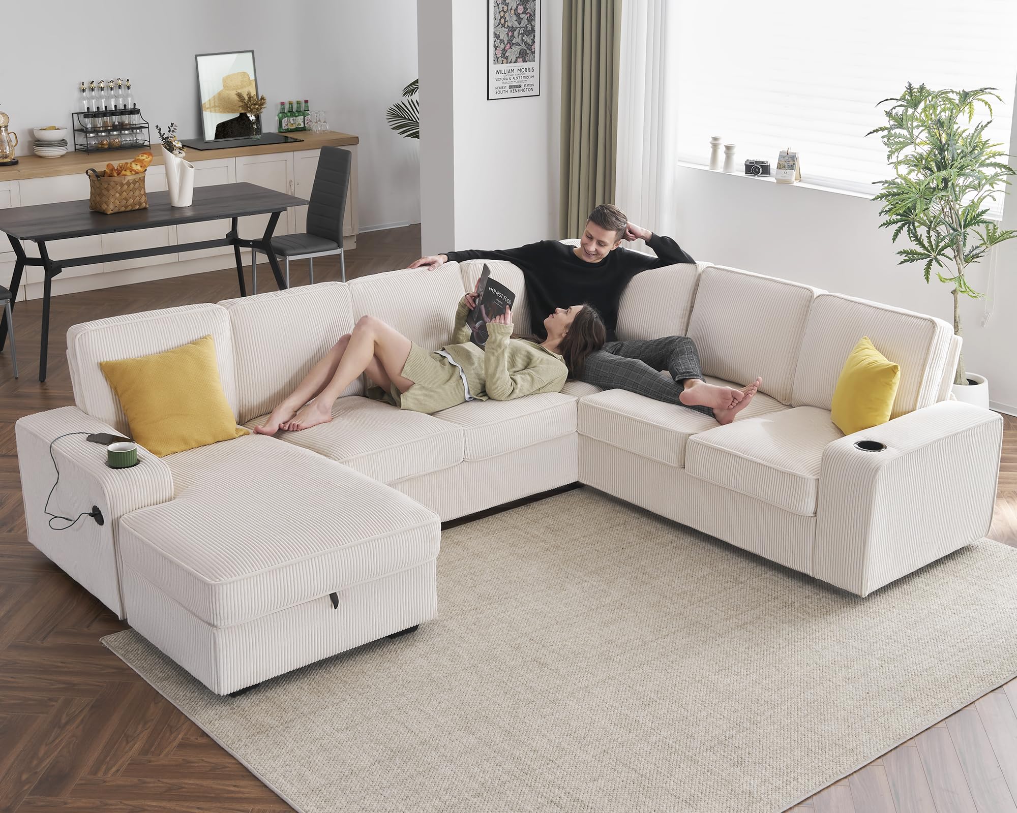 PaPaJet Oversized Sofa, 112 inch U Shaped Sofa with USB Ports, Sectional Sofa Couch with Storage Chaise, Corduroy Grey