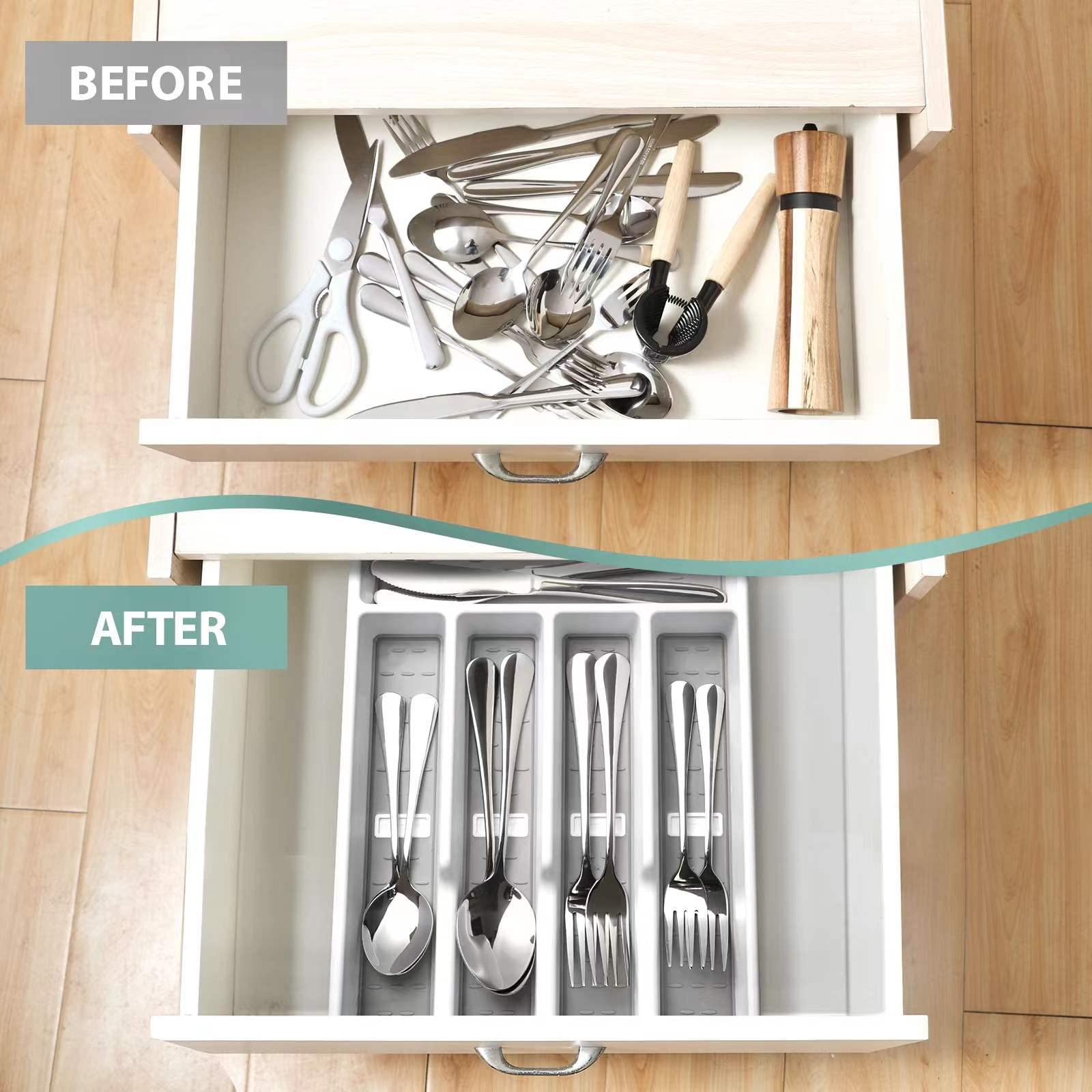 Joequality Silverware Organizer with Icons,Plastic Cutlery silverware Tray for Drawer,Utensil Flatware Tableware Organizer for Kitchen with Non-slip TPR,Fits Standard Drawer,5-Compartment,Grey