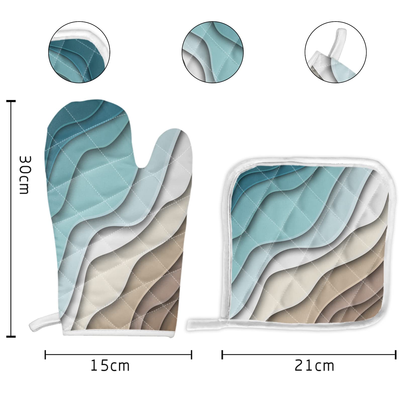 Kitchen Oven Gloves Teal Blue Modern Geometric Oven Mitts Pot Holder Set Brown Abstract Ocean Wave Hot Pad Sets for Kitchen BBQ Cooking Baking Grilling Heat Resistance
