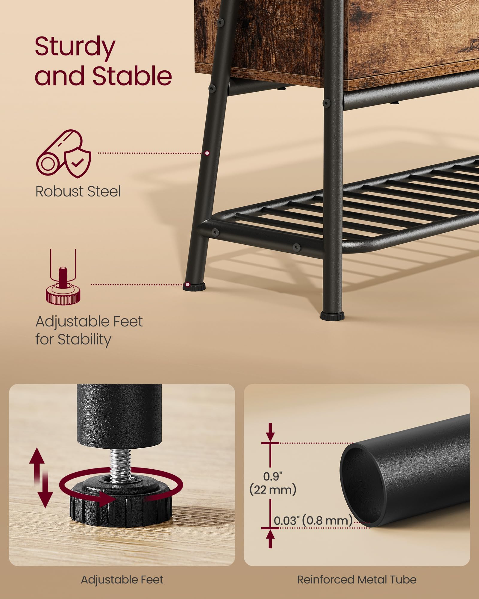 VASAGLE Shoe Storage Bench with Seating, Shoe Bench with Organizer Drawer, Industrial Style, Steel Frame, Holds Up to 600LB, for Entryway, Living Room, Bedroom, Rustic Brown and Ink Black, ULSB151K01
