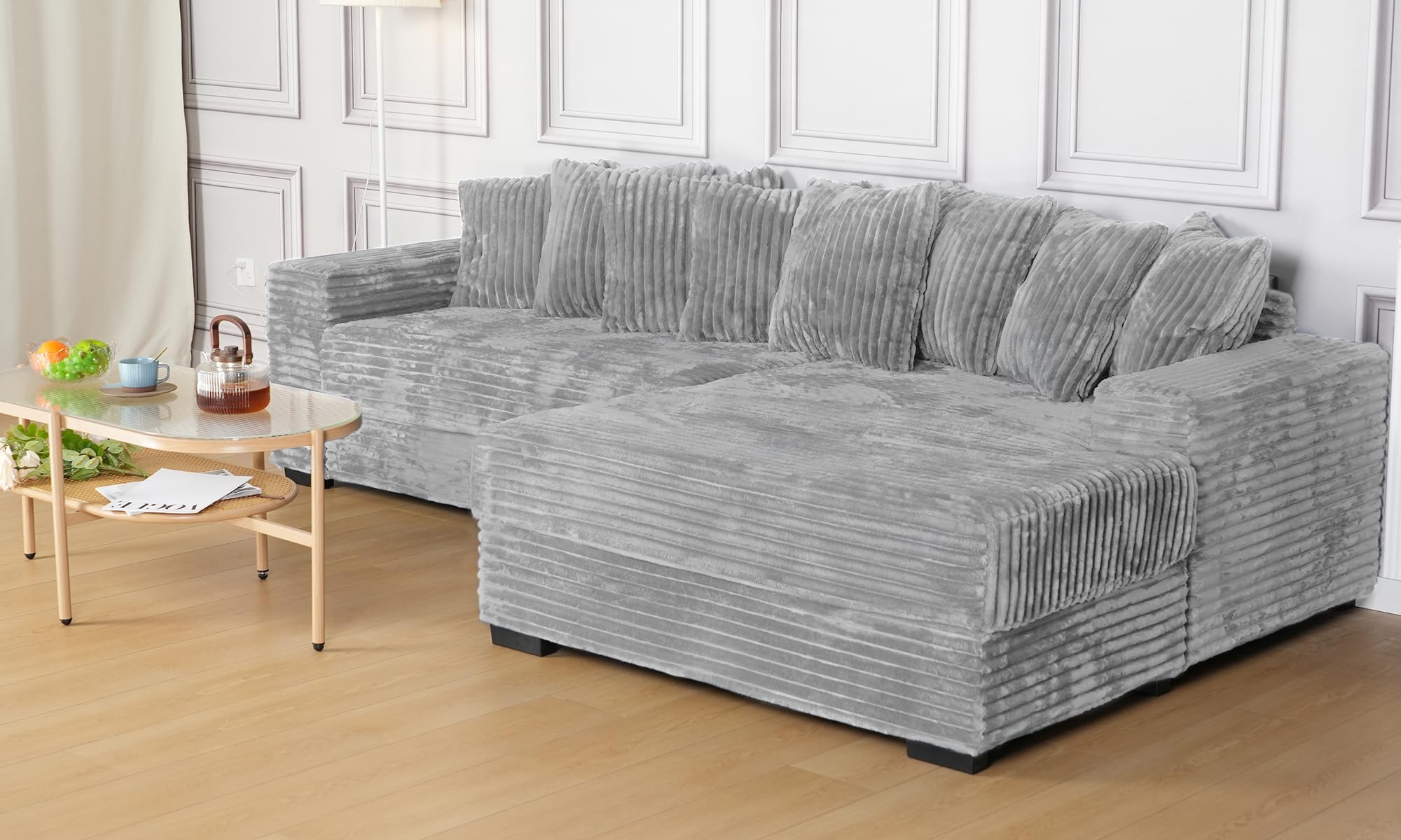 smilesun Luxe Oversized L Shaped Sofa with Chaise,Comfy Faux Fur Plush Two-Piece L Shaped Sectional Couches with 8 Pillows,Soft Fluffy Upholstered Sofa Bed for Living Room Apartment Bedroom Navy Blue