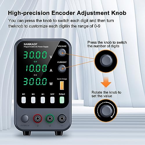 NANKADF DC Power Supply, 30V 10A Bench Power Supply with Memory Storage & Recall,Variable Power Suppy with Encoder Adjustment Knob, 5V/3.6A USB Quick-Charge & OCP Short Circuit Alarm