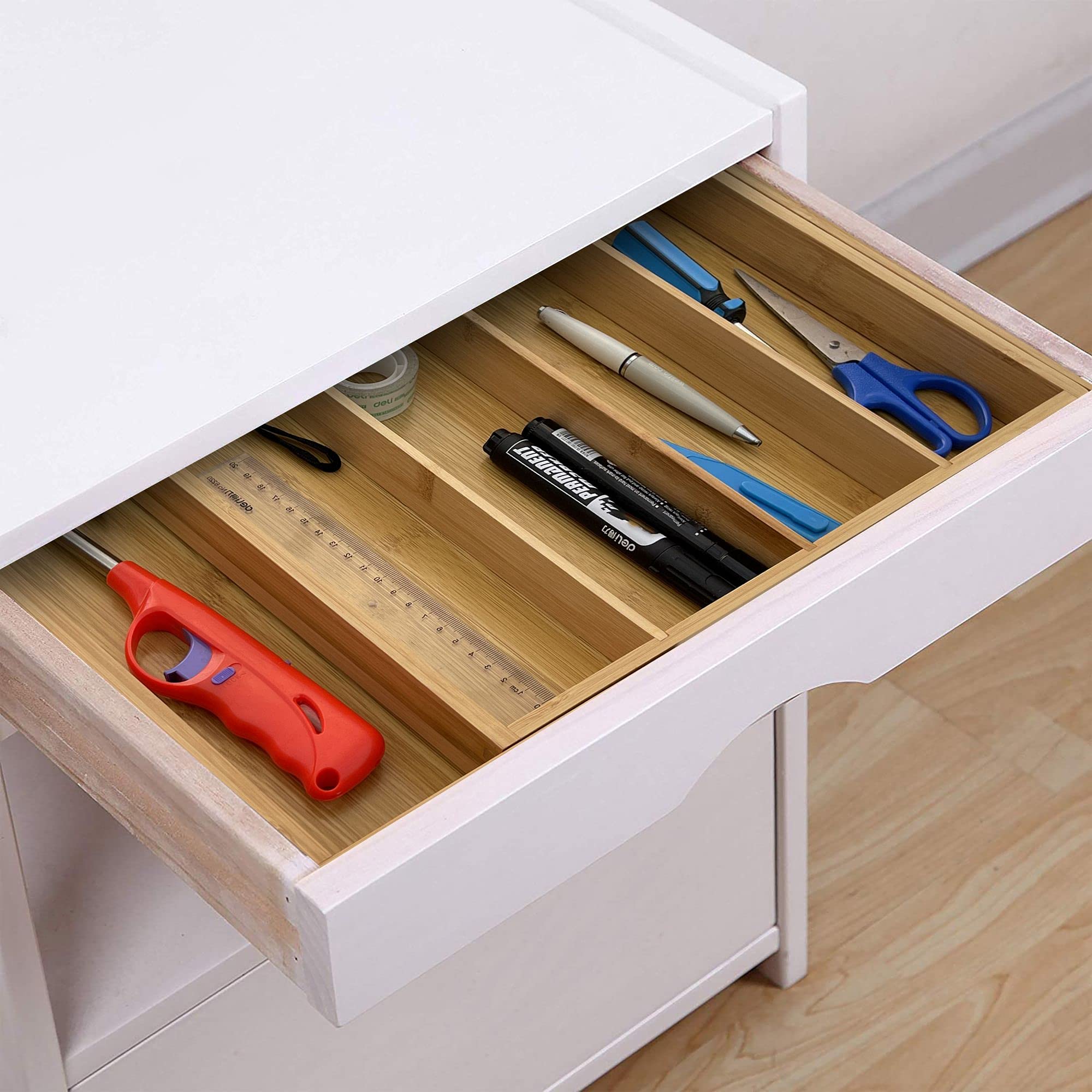 konfuny Bamboo Kitchen Drawer Organizer for Utensils Silverware Holder- Perfect Size Adjustable Cutlery Tray,Drawer Dividers for Flatware and Kitchen Utensils(6-8 Slots)