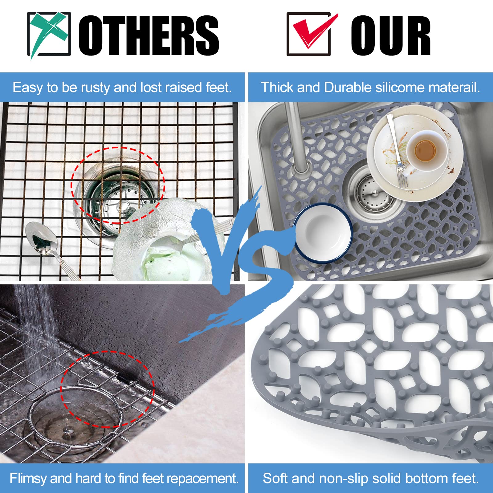 JUSTOGO Silicone Sink Mat, Grey Kitchen Sink Mats Grid Accessory, 2 PCS Folding Non-Slip Sink Protector for Kitchen Bottom of Farmhouse Stainless Steel Porcelain Sink (Center Drain, 13.58''x 11.6'')