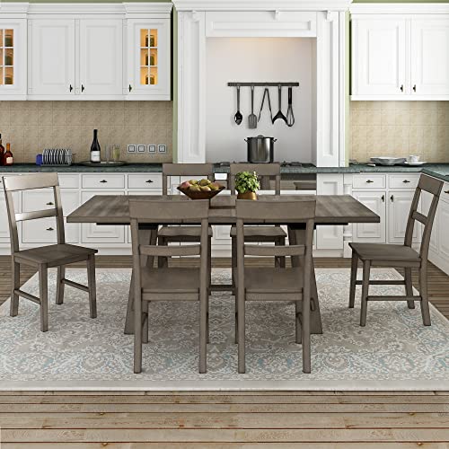 Merax 7-Piece Retro Industrial Style Extendable Dining Table Set with 18β Leaf and Six Wooden Chairs, Gray+Brown
