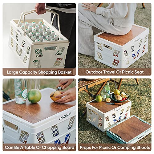 MILILOVE 35L Collapsible Storage Grocery Shopping Basket With Lid, Storage Crates, Plastic Stackable Basket, Tote Portable Basket with Handles, for Picnic Camping Picking Organizing Toys Car Trunk