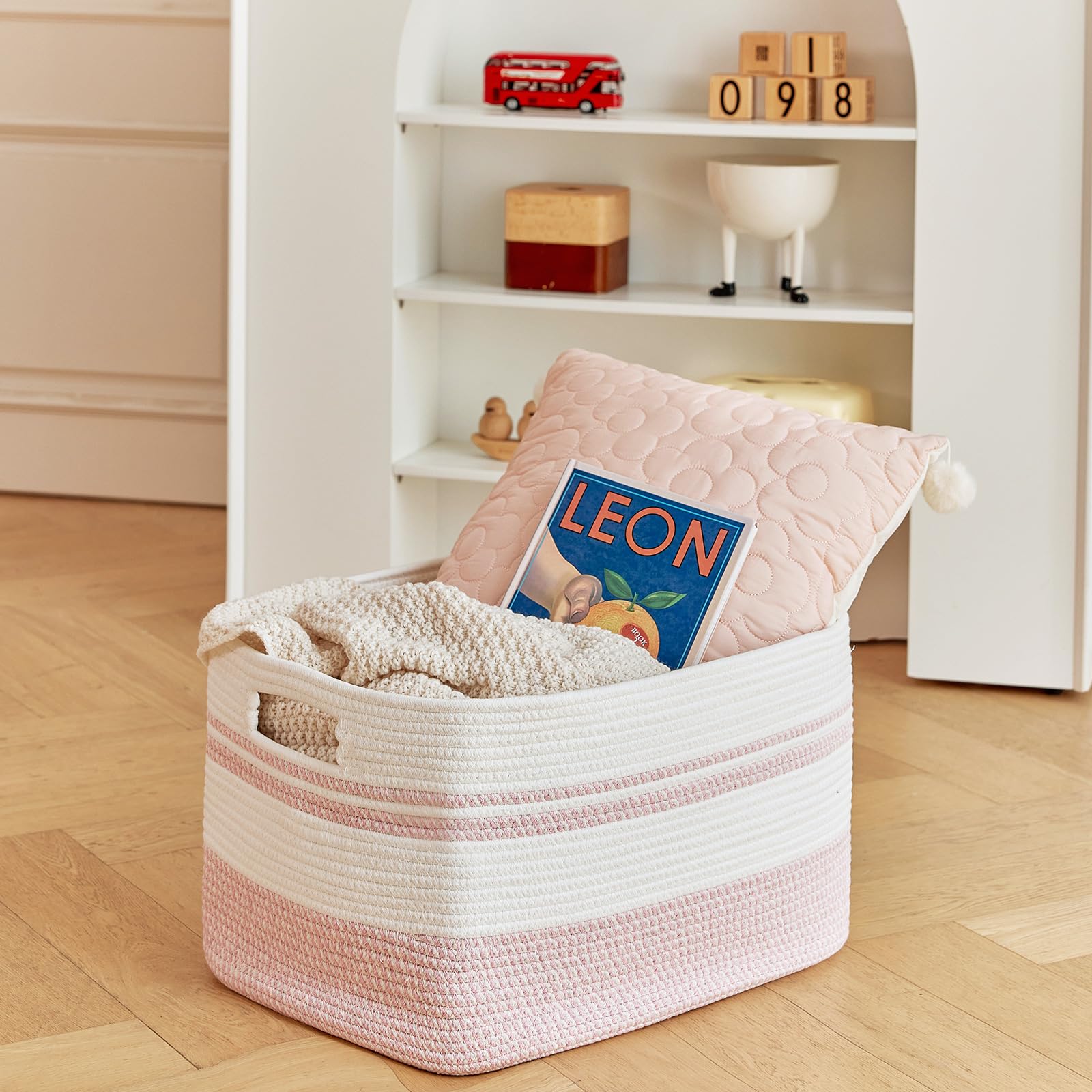 R RUNKA Large Rectangular Cotton Rope Storage Basket - 82L- Ideal for Toy Storage, Blankets, Laundry, Woven Organizer for Living Room, Bedroom - 22"x17"x12"(White & Pink)