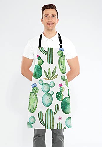 Lefolen Cactus Adjustable Bib Apron, Tropical Watercolor Cactus Plants Cooking Kitchen Apron for Men Women