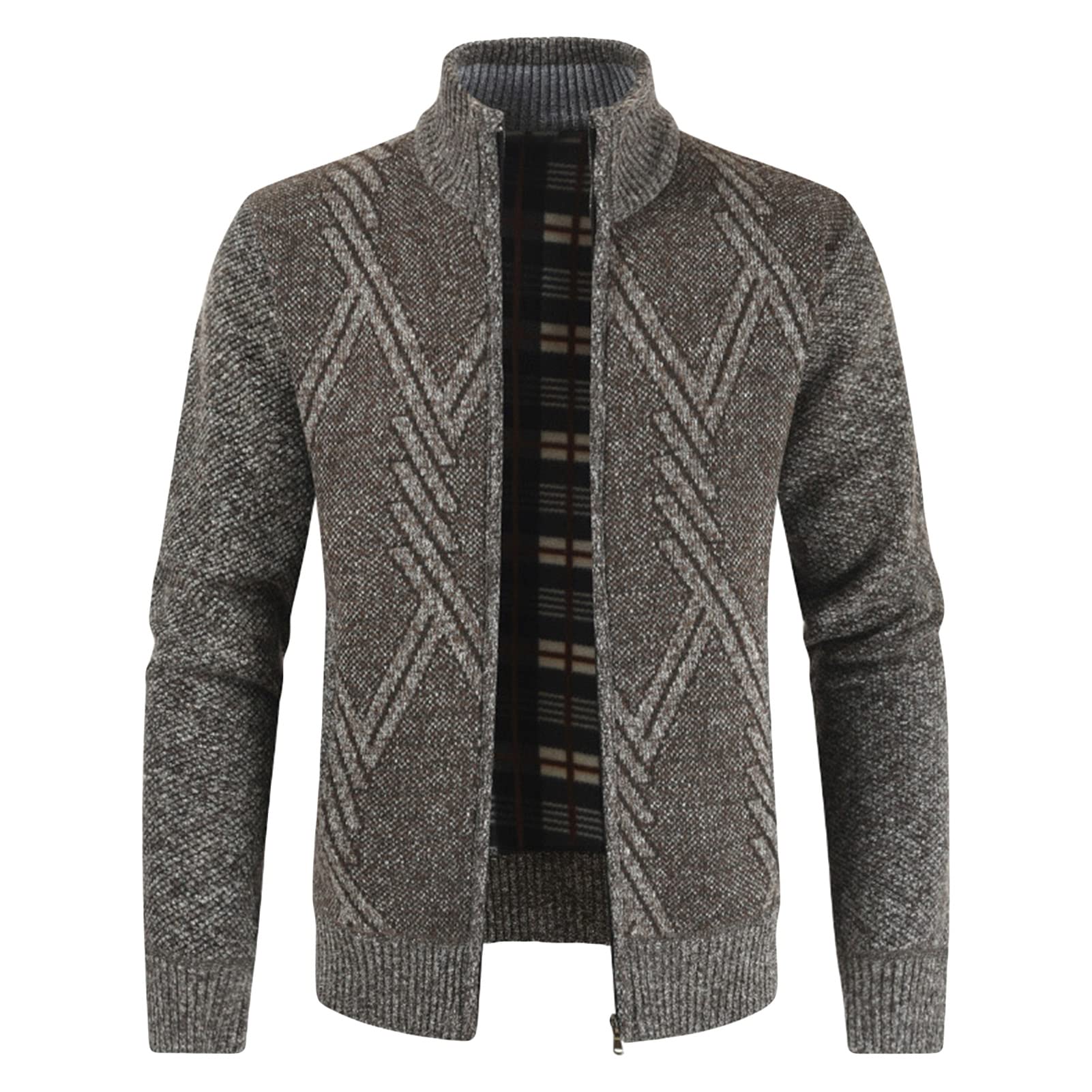 Men Zip Up Thick Knitted Cardigan Stand Collar Fleece Lined Sweaters Slim Fit Winter Warm Sweater with Pockets (Brown,Large)