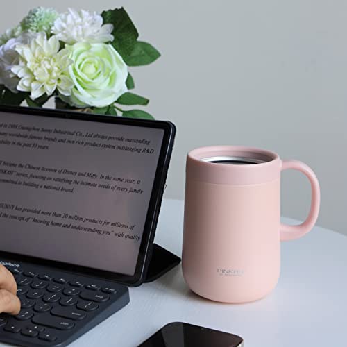 PINKAH Stainless Steel Coffee Mug with Lid and Handle, Double Wall Vacuum Insulated Cup, 16oz, Pink