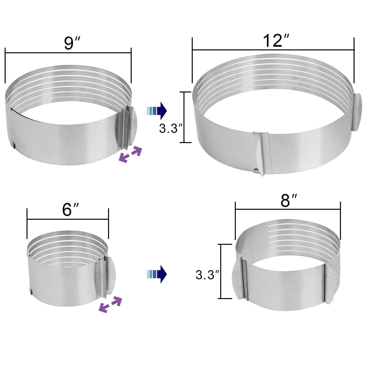 KEILEOHO Layer Cake Slicer Set, 2 PCS Stainless Steel Adjustable 7 Layered Bread Cutter Ring with Respective Diameter of 6-8 Inches and 9-12 Inches 3.4 Inches High