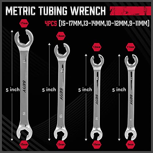 SEDY 4-Piece Flare Nut Wrench Set, Offset End Spanner Metric 9,10, 11,12, 13, 14, 15, 17mm, CR-V Steel, with Storage Pouch for Repair and Remove Nuts on Fuel, Tube, Hose, Transmission Lines