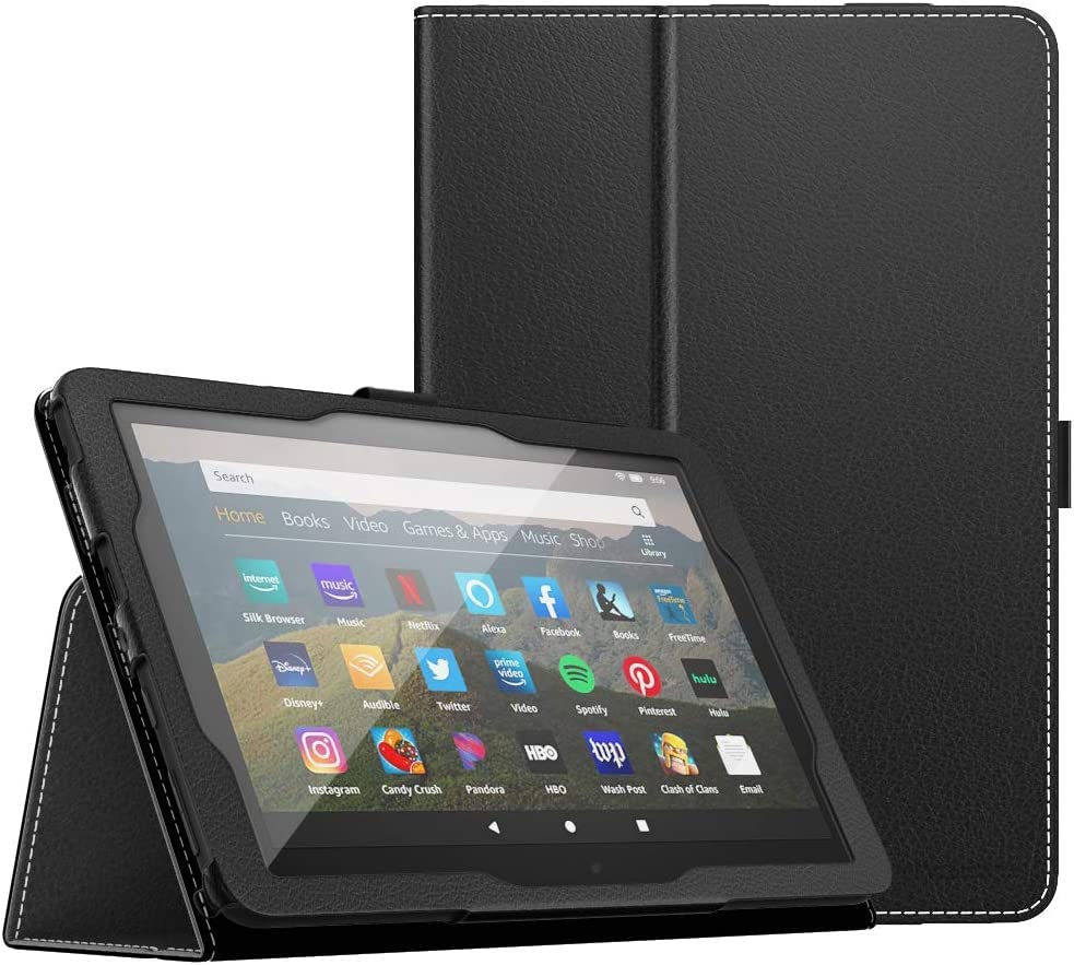MoKo Case with Temperd Glass Screen Protector Fits Kindle Fire HD 8 & 8 Plus Tablet (12th Generation/10th Generation, 2022/2020 Release) Slim Folding Stand Cover with Auto Wake/Sleep, 9H Hardness Film